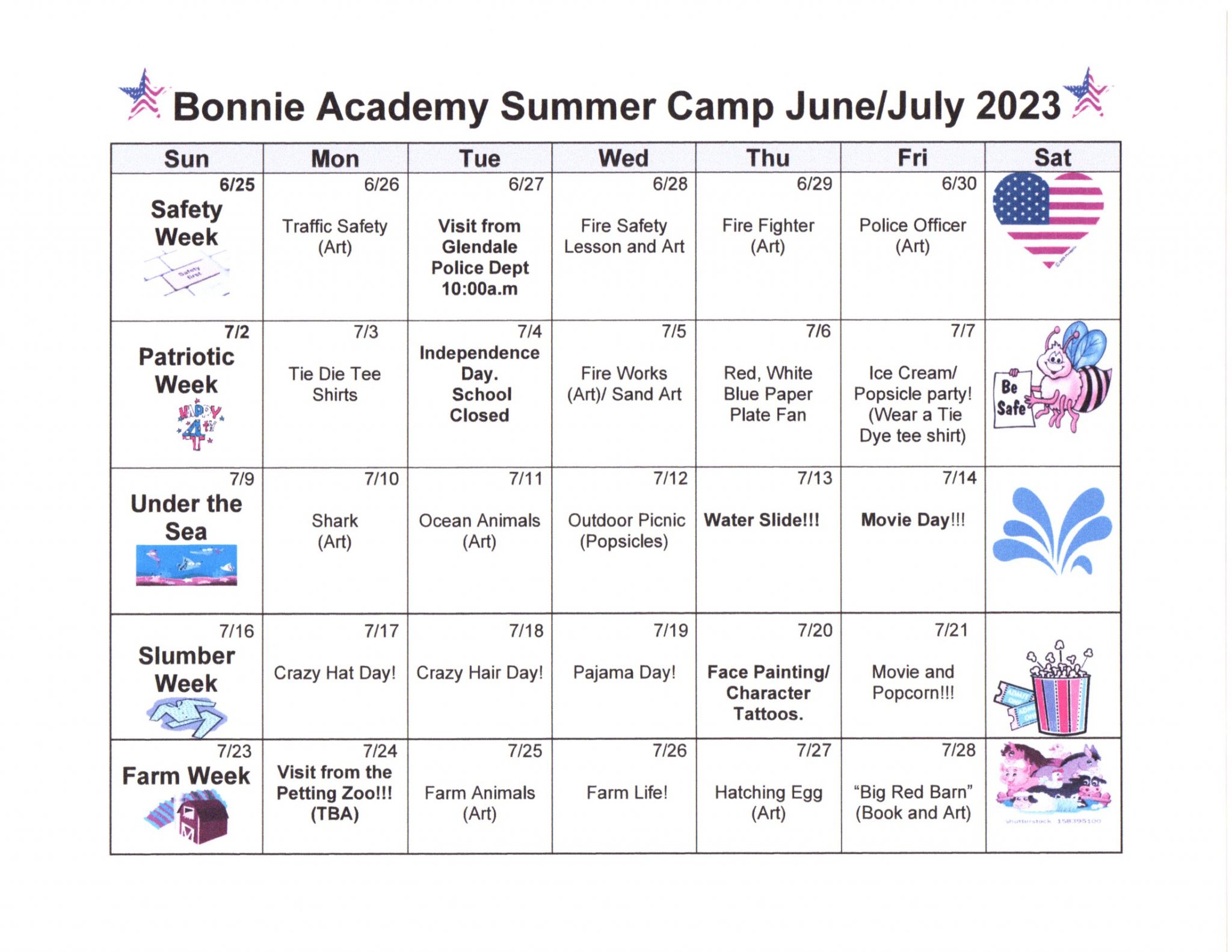 Summer Camp Calendar | Bonnie Academy Preschool & Kindergarten